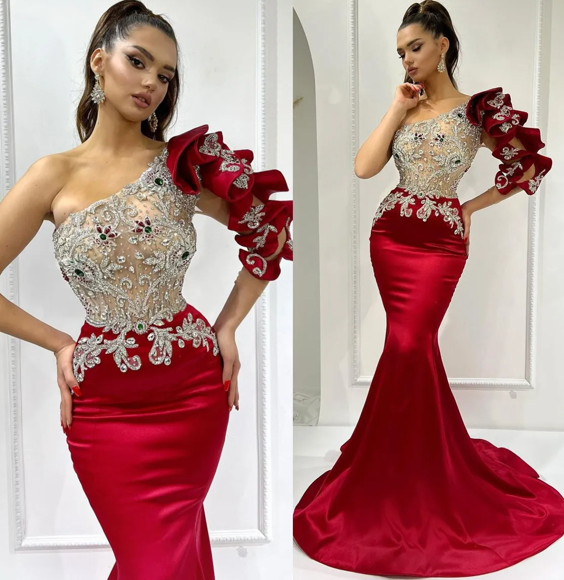 Red Beaded Crystal Lace Mermaid Red Mermaid Prom Dress For 2023 Arabic Aso Ebi, Perfect For ...