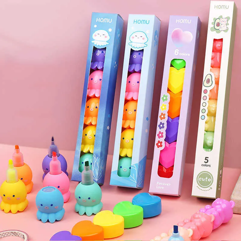 Cute Highlighter Set - Creative Octopus & Bear Markers, Fluorescent ...