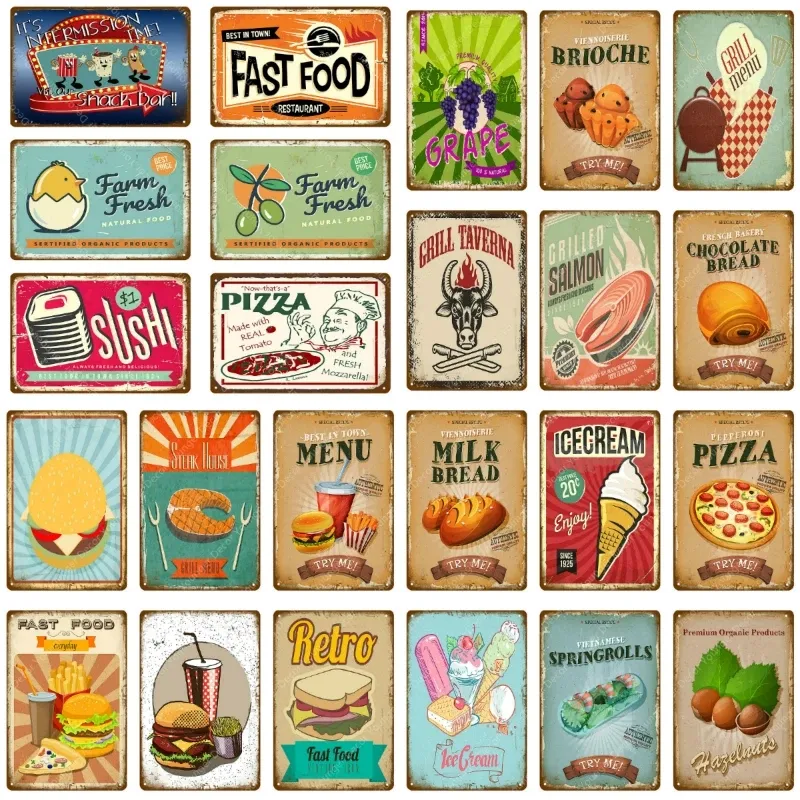 Fast Food Menu Art Tin Sign Milk Bread Pizza Brioche Nostalgic Tin ...