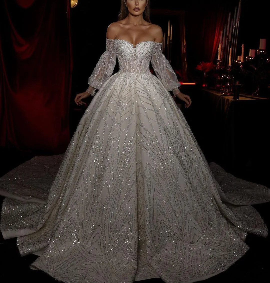 Sparkly Ball Gown Wedding Dresses: Long Sleeve V Neck Sequin Appliqued ...
