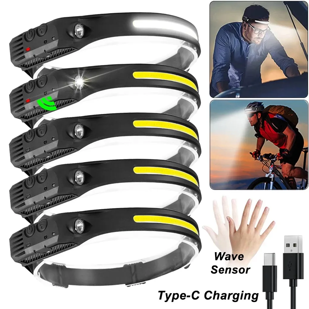 Sensor COB LED Head Flashlight USB Rechargeable Head Torch With Built ...