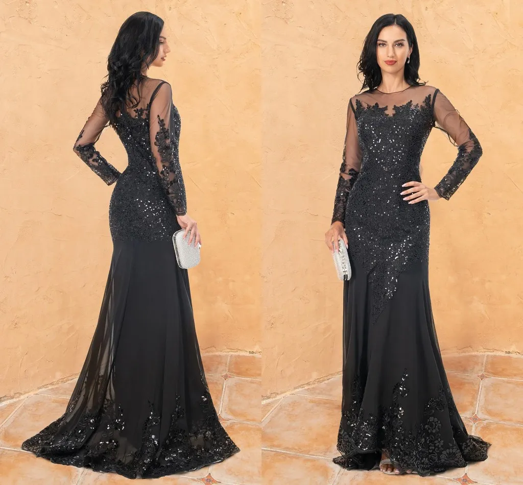 Black Mermaid Gown: Elegant Illusion Neck Sequin Lace Long Sleeve Evening Dress, Mermaid Style ...