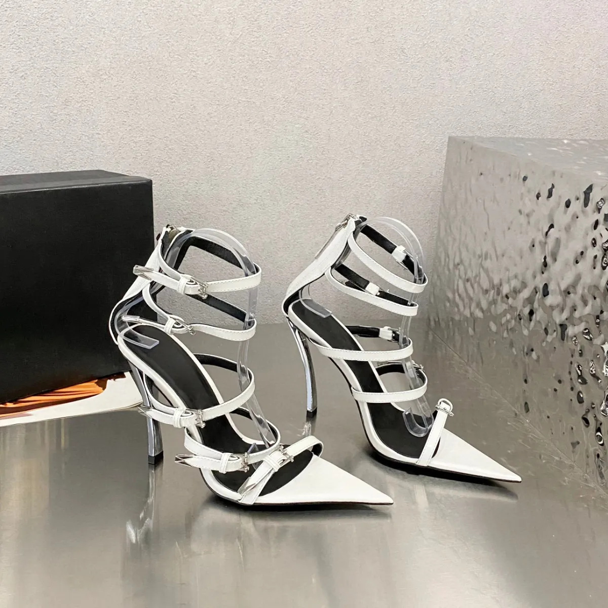 Luxury Satin Leather Multi Strap Ankle Stylish High Heel Sandals With ...