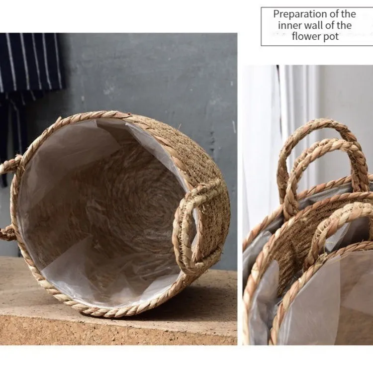 Handmade Woven Storage Basket - Rustic Straw Flower Pot, Cattail Grass ...