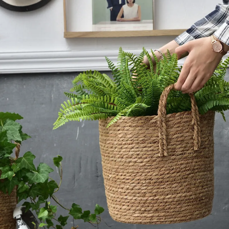 Storage Baskets Handmade Straw Flowerpot Cattail Grass Creative Flower ...