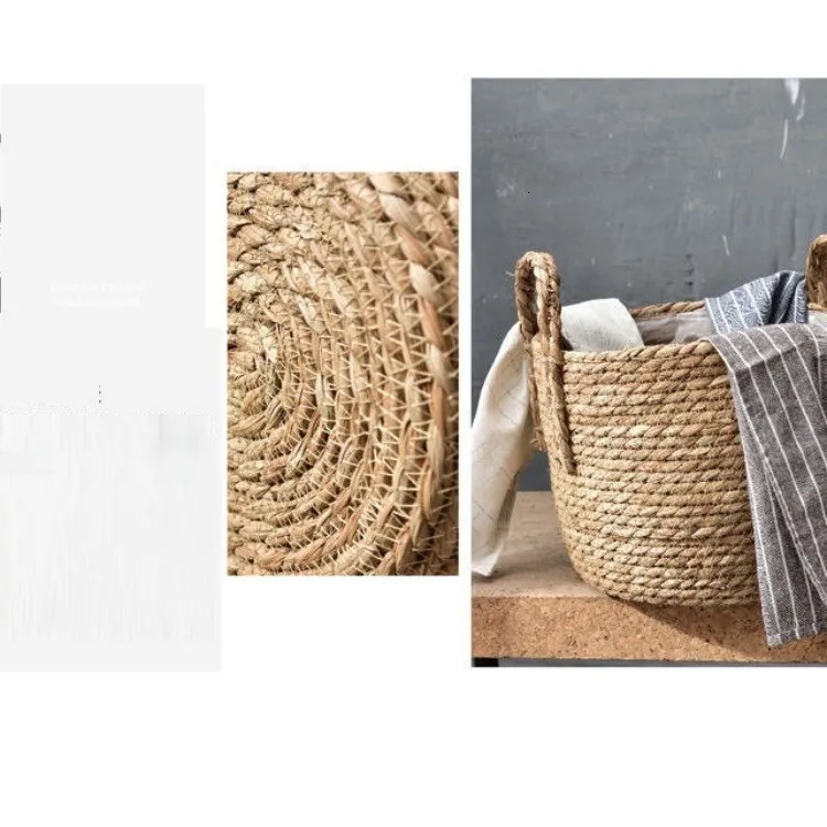 Handmade Woven Storage Basket - Rustic Straw Flower Pot, Cattail Grass ...