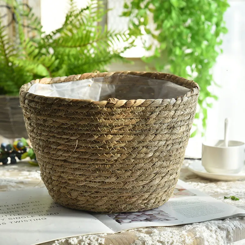 Handmade Woven Storage Basket - Rustic Straw Flower Pot, Cattail Grass ...