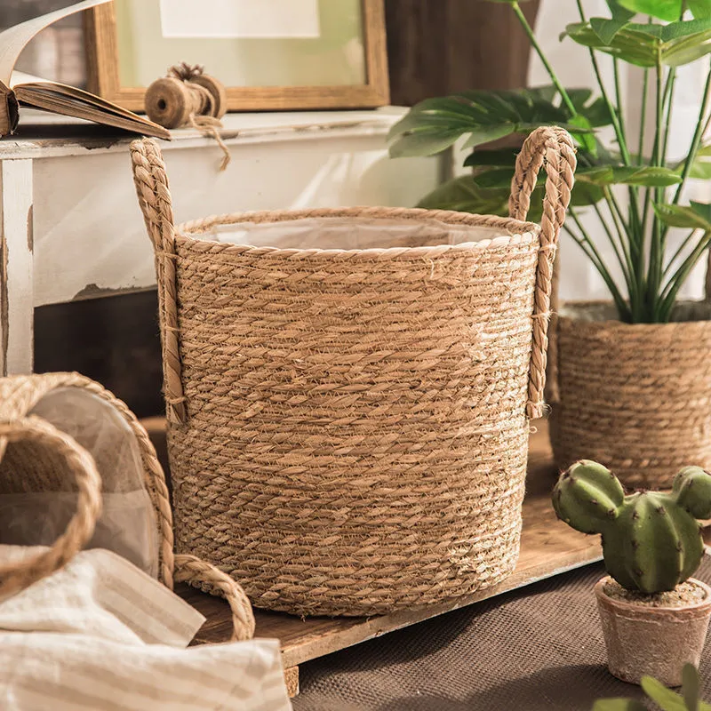 Handmade Woven Storage Basket - Rustic Straw Flower Pot, Cattail Grass ...