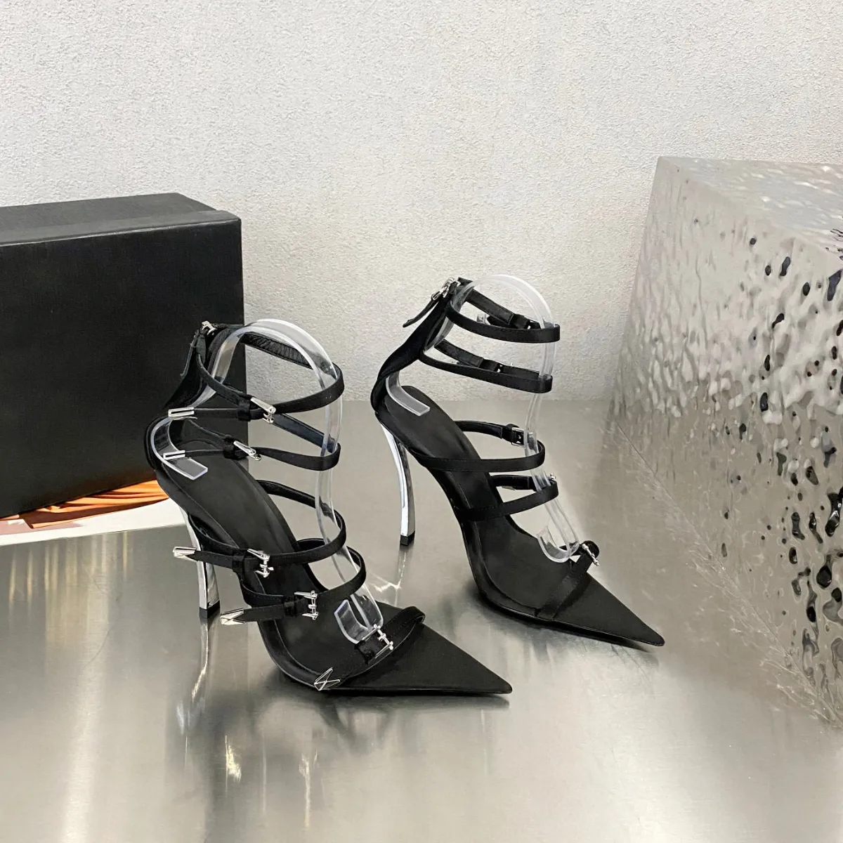 Luxury Satin Leather Multi Strap Ankle Stylish High Heel Sandals With ...