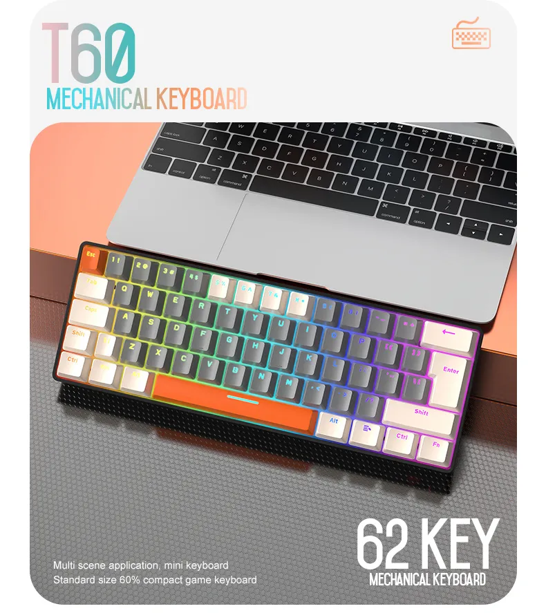 Keyboard Mini Gaming Mechanical Keyboard 62 Keys RGB Type C Wired ...