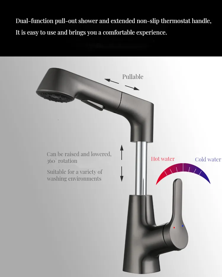 Bathroom Sink Faucet Single Hole Deck Mounted Pull Out Brass Valve ...