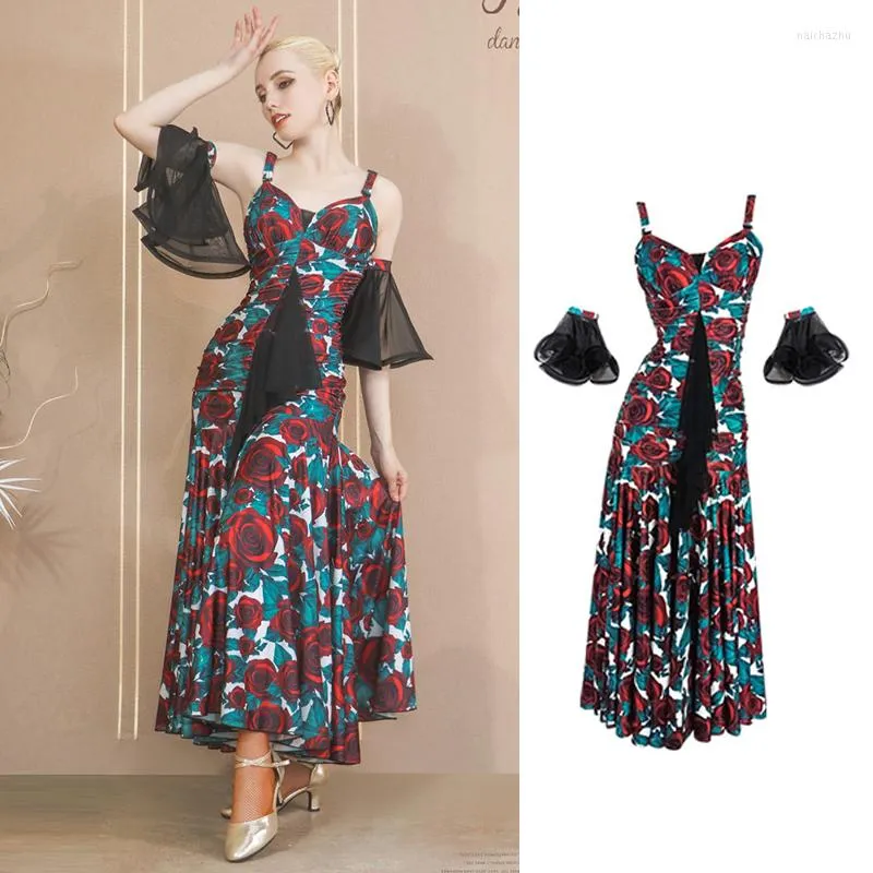 Stage Wear Rose Printing Ballroom Dance Dress Female Tango Dancing ...