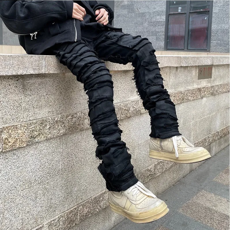 High Street Retro Black Stacked Jeans Mens With Frayed High Street Retro Black Stacked Jeans Mens With Frayed