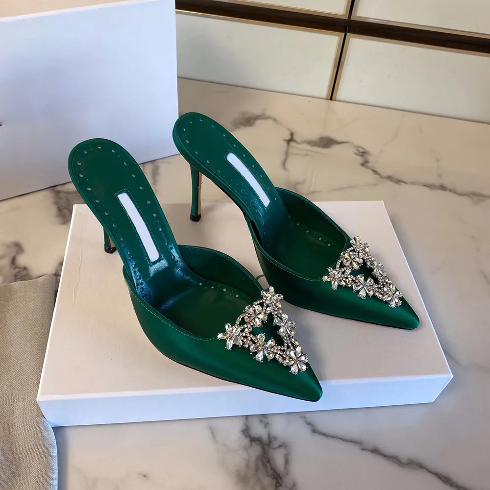 Crystal Embellished Glass Real Silk Slip On Mules With Pointed Toe And ...