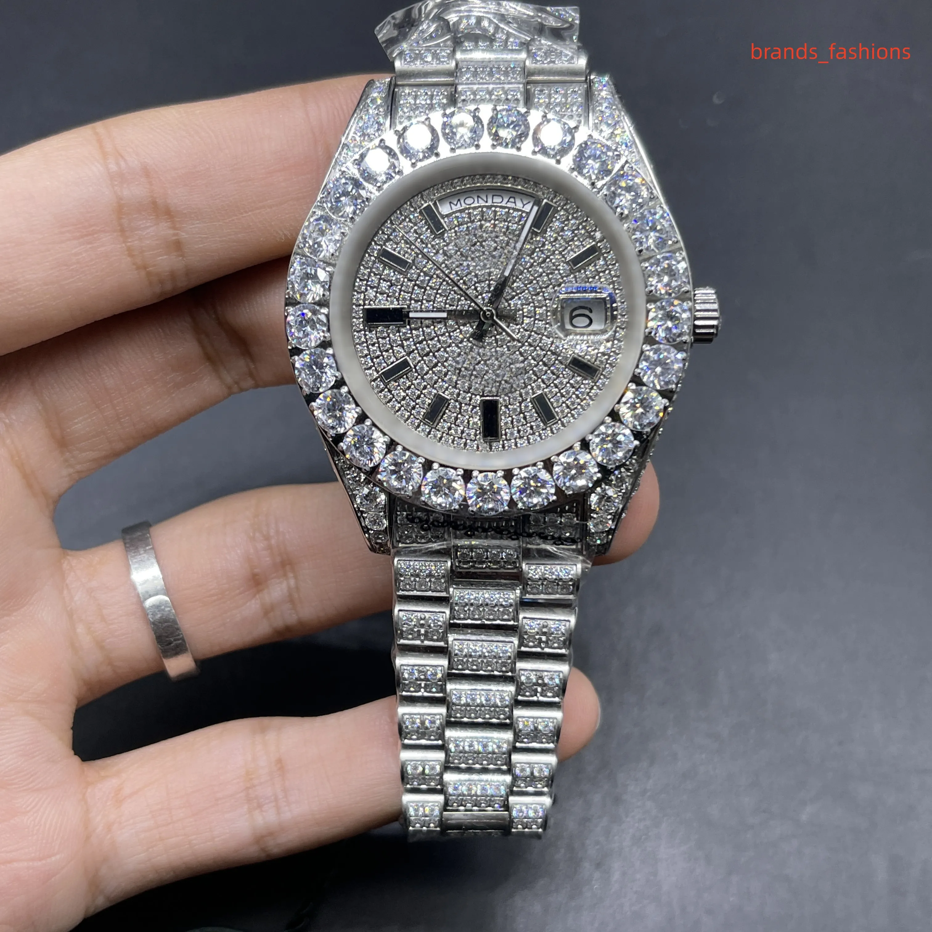 New Men's Automatic Mechanical Watch with Prong Set Diamonds, Silver ...