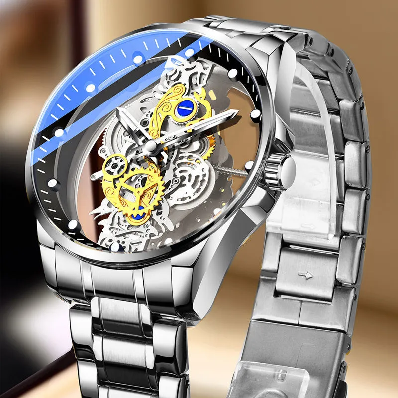 Ransparent A4281 Skeleton Quartz Mens Watch Stainless Steel Waterproof ...