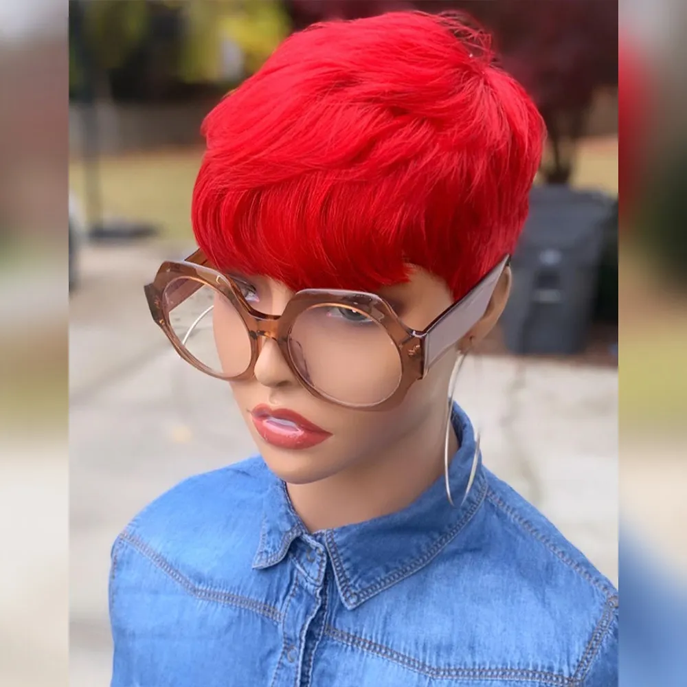 180density Red Color Short Pixie Cut Human Hair Wigs With Bangs Women ...