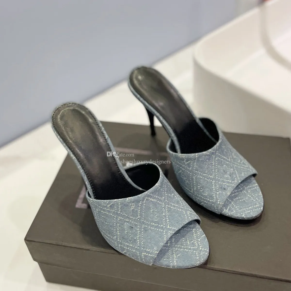 La 16 Denim Satin Silk Slides Womens Leather Stiletto Heeled Mule ...