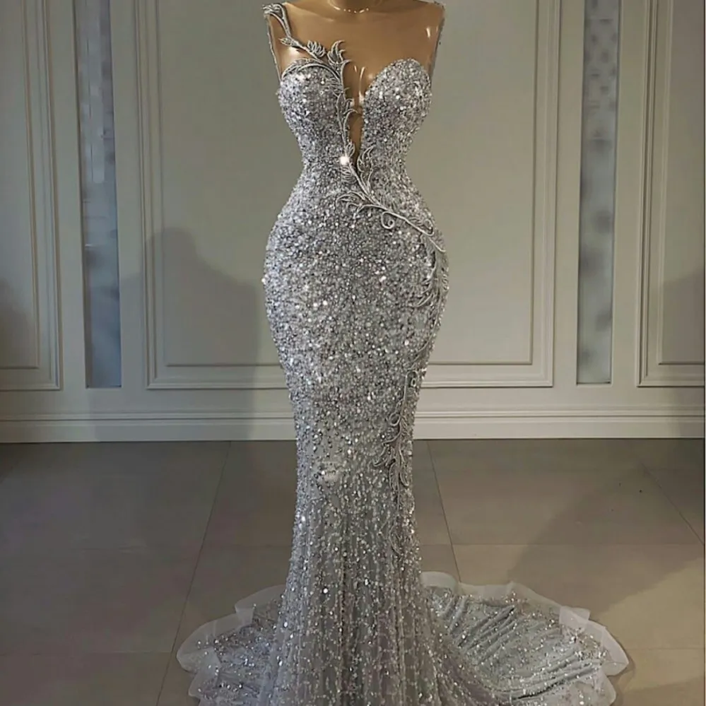 Luxury Silver Crystal Evening Dress 2024 Lace Beaded Mermaid Sequined ...