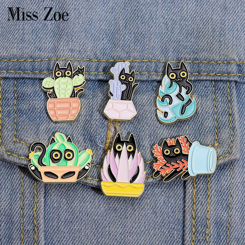 Enamel Cat In The Plants Pins Custom Black Kitten Monstera Ficus