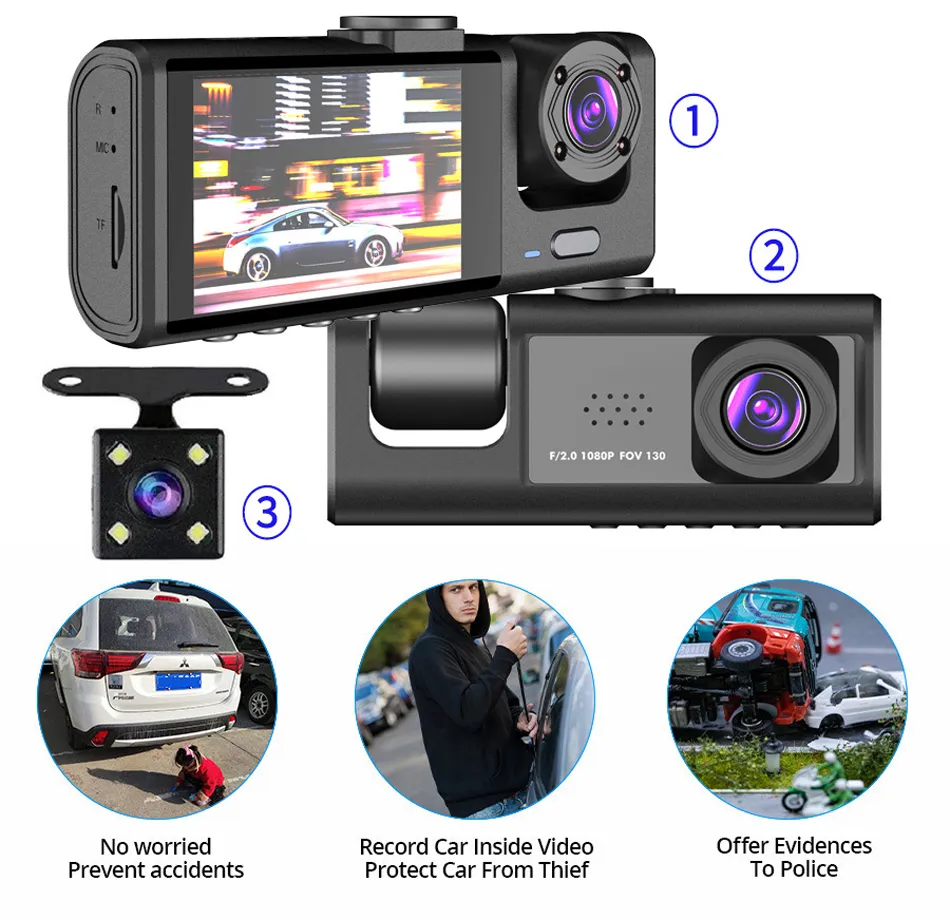 3 Channel Car DVR HD 1080P 3 Lens Inside Vehicle Dash Cam Three Way ...