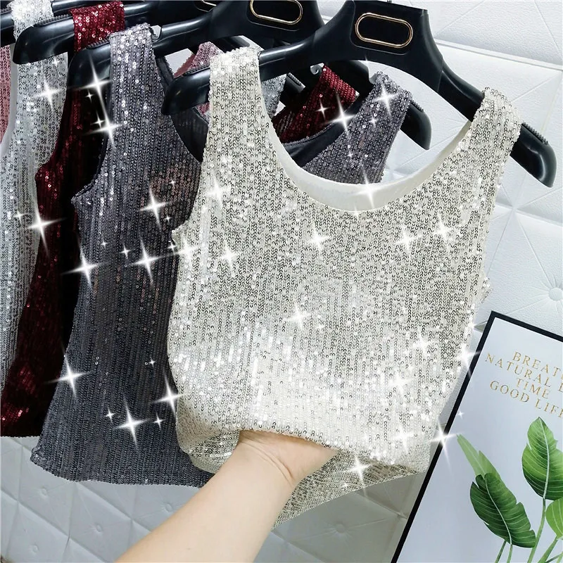Women's Round Neck Sequin Glitter Tank Top: Summer Sparkle and Shine ...