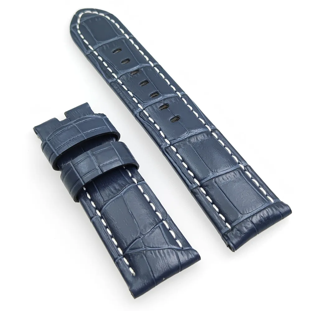 Premium 24mm Dark Blue Crocodile Grain Leather Watch Strap - White ...