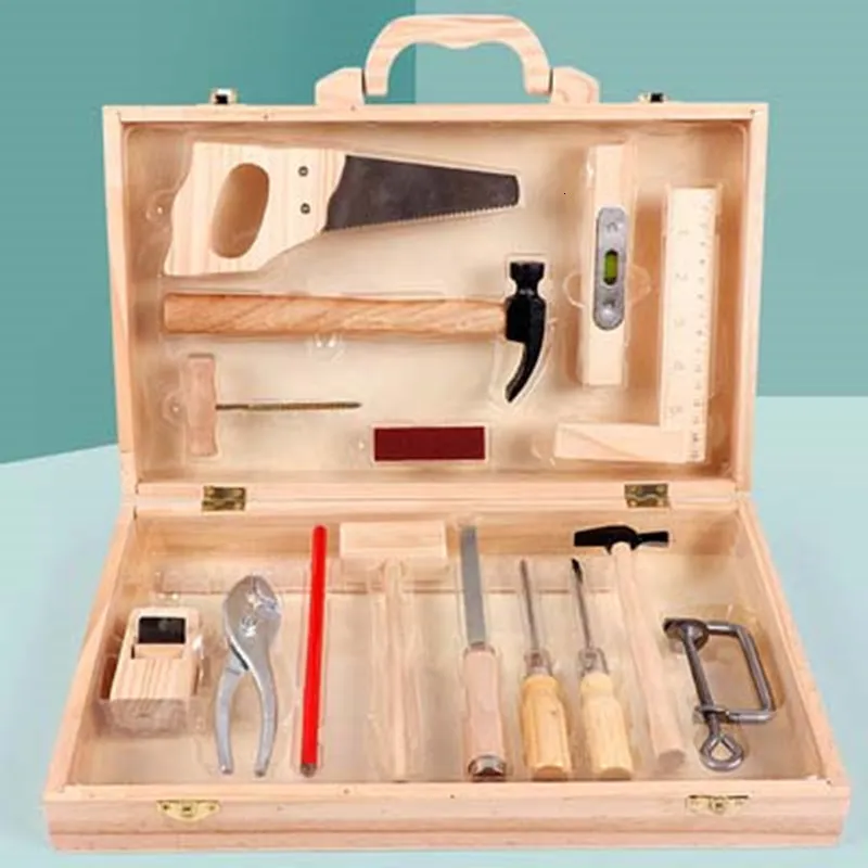 Kids Wooden Tool Box Set - Pretend Play Carpenter Kit with Hammer, Saw ...