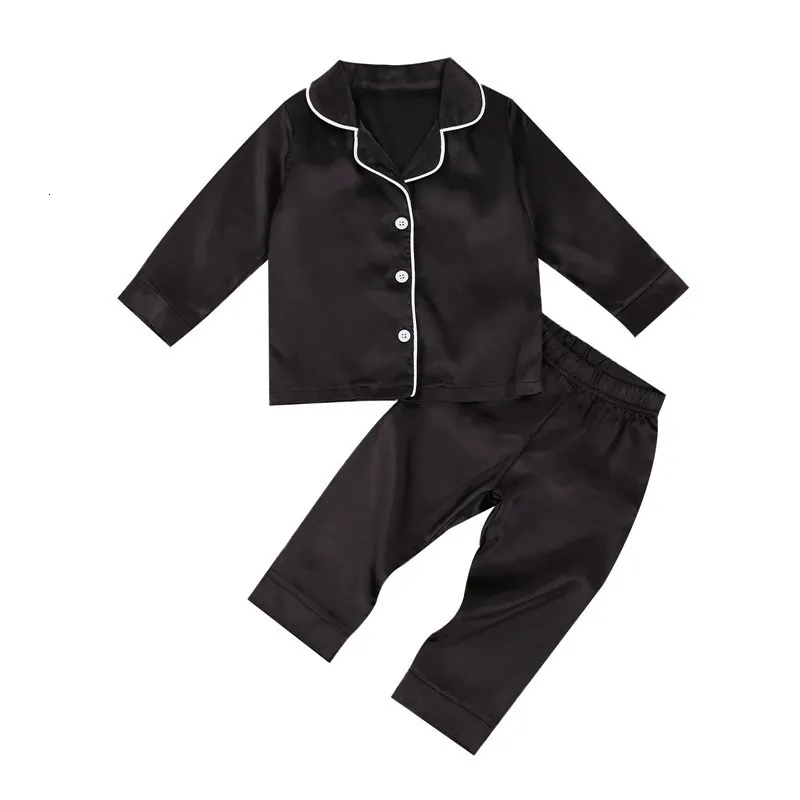 Satin Silk Pajamas Set Boy's Long Sleeve Sleepwear, Black Two Piece ...
