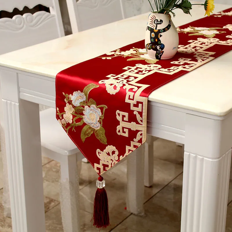 Luxury Rose Table Runner - Elegant Gold Silk Embroidery, Tassels ...