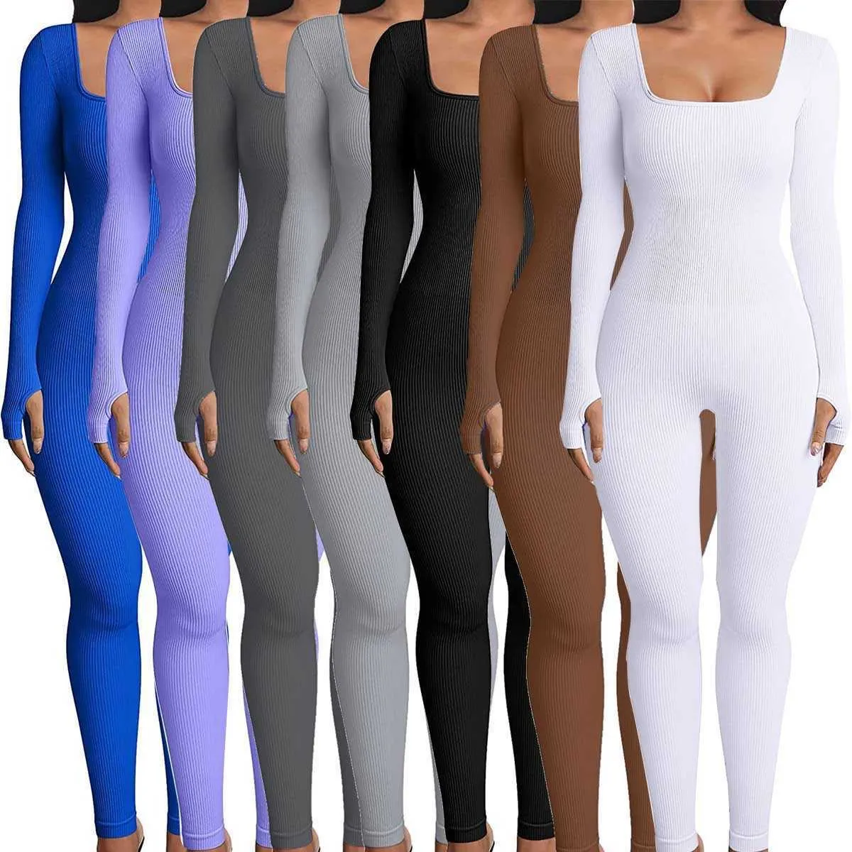 Womens Jumpsuits Ribbed Knit Long Sleeve Bodysuit Low Collar Elegant ...