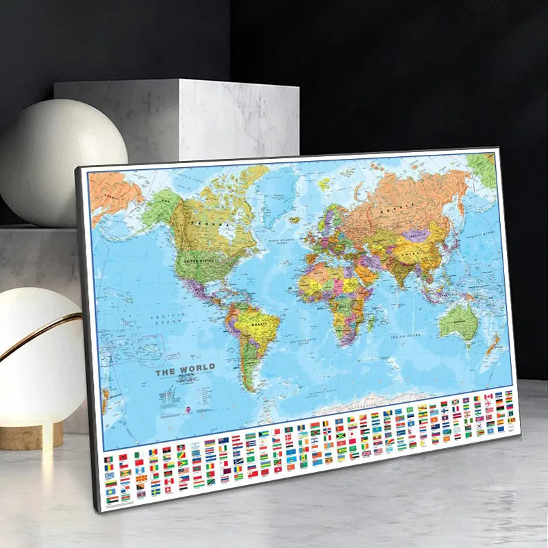Modern World Map Canvas Paintings For Wall With National Flags Print ...