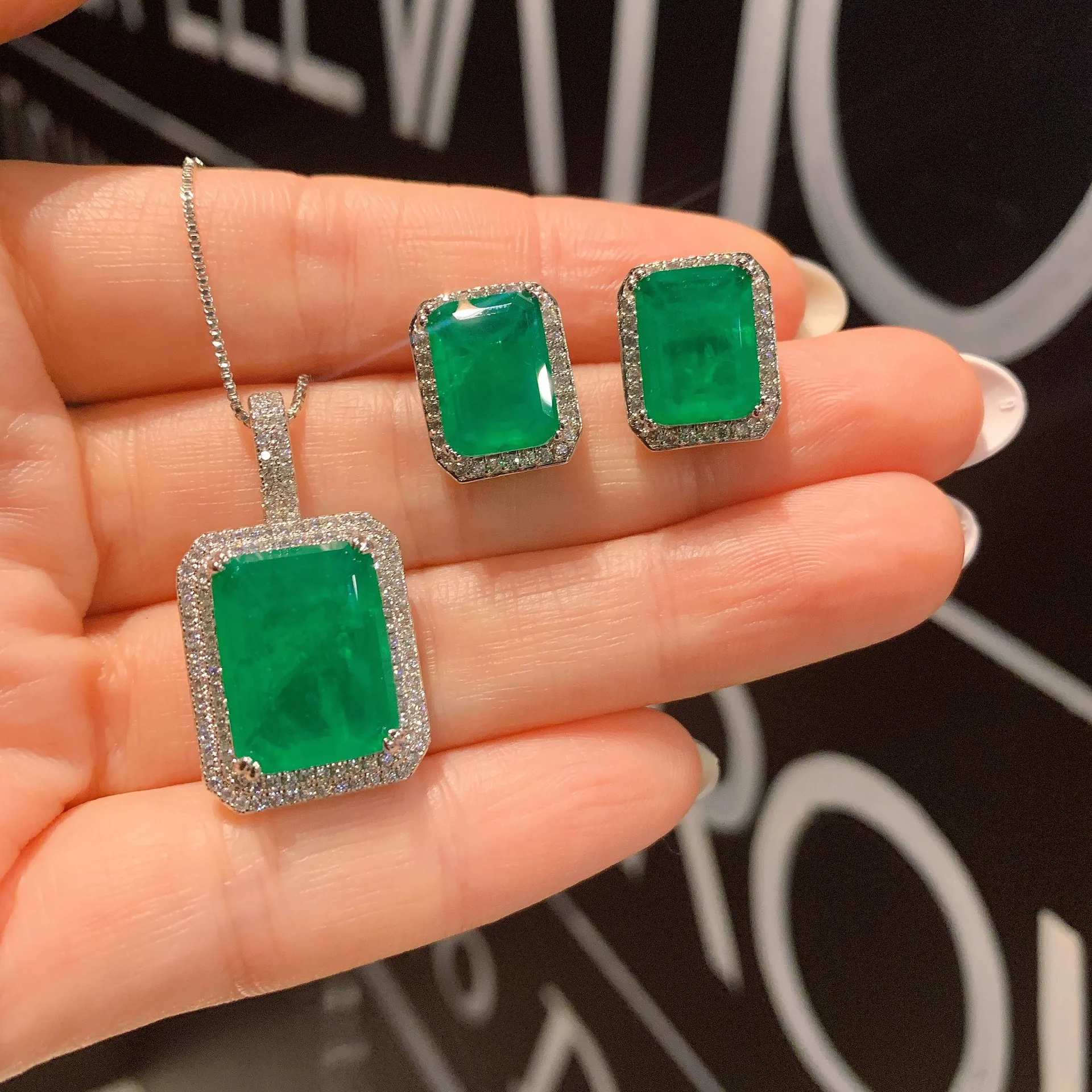 Square Lab Emerald Diamond Jewelry Set 925 Sterling Silver Bijou Party ...