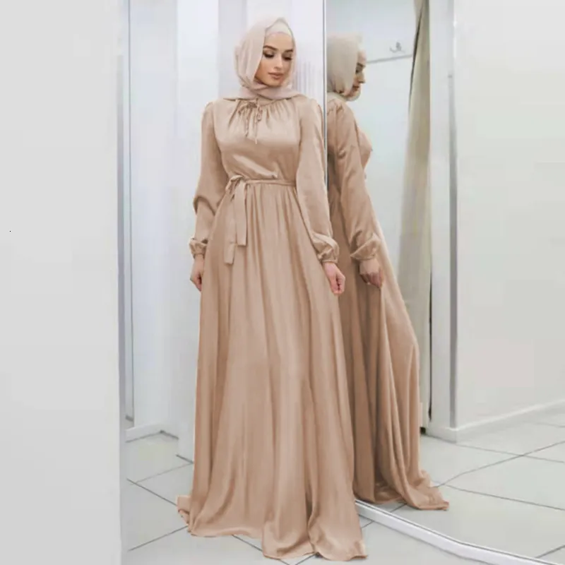 Ramadan Muslim Fashion: Belted Satin Abaya Dress With Hijab And Maxi ...