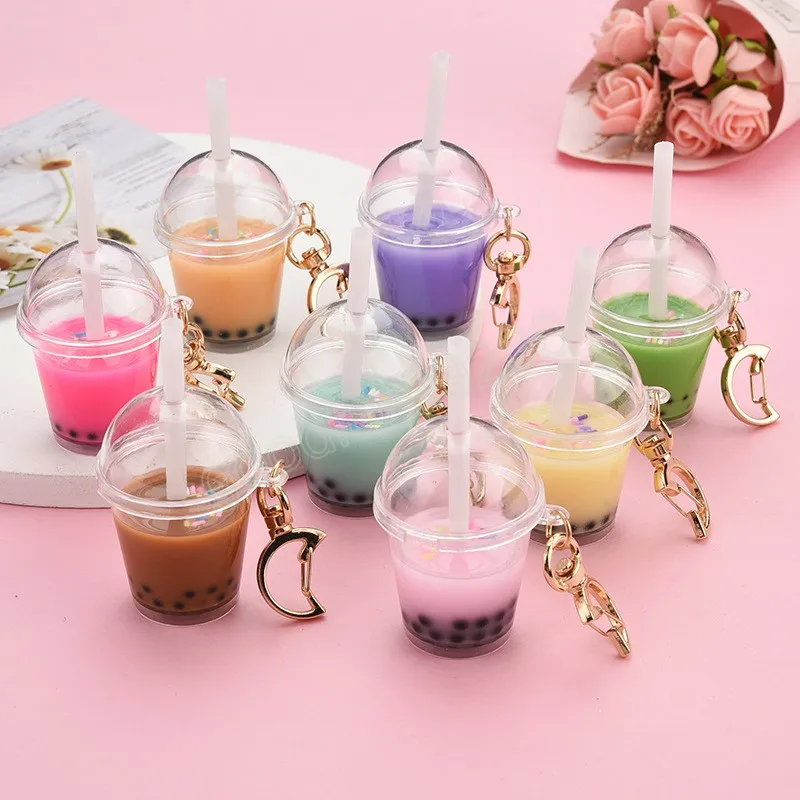Kawaii Moon-Shaped Acrylic Boba Tea resin keychain with Mini Milk ...
