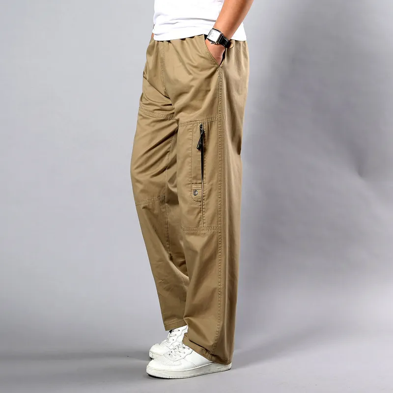 Khaki Cotton Summer Pants for Men: Extra Large, Wide-Leg Cargo Trousers ...