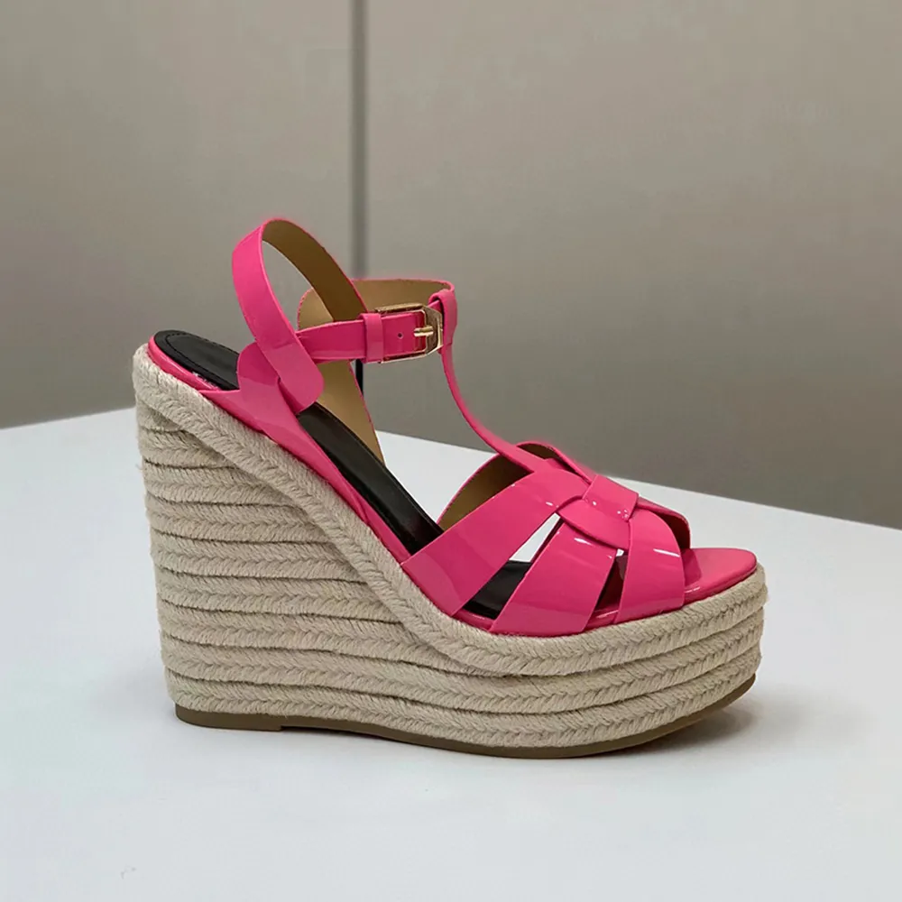 Bulk Designer Platform Wedge Sandals Women's Black Woven Patent Leather ...