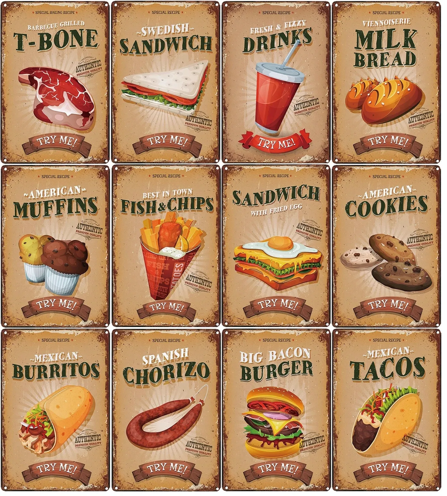 Retro Fast Food Painting Metal Miniatures Plates Cookies Fish Chips ...