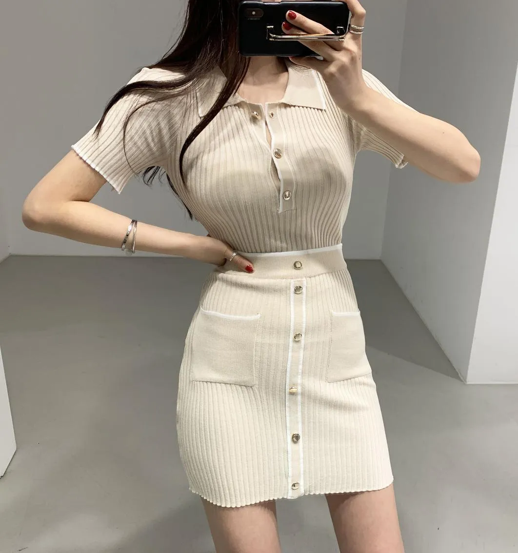Korean Style Knitted Two Piece Knitted Dress Set With Button Pocket ...