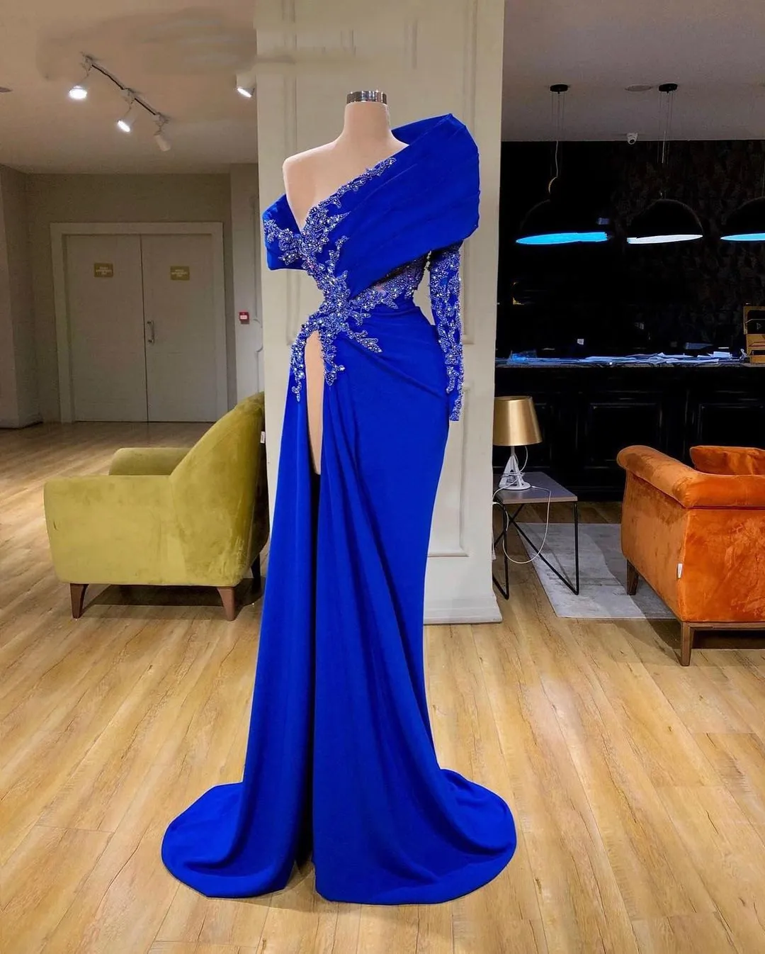 Aso Blue Royal Arabic Ebi Prom Dress Beaded Crystal Sheath Gown For ...