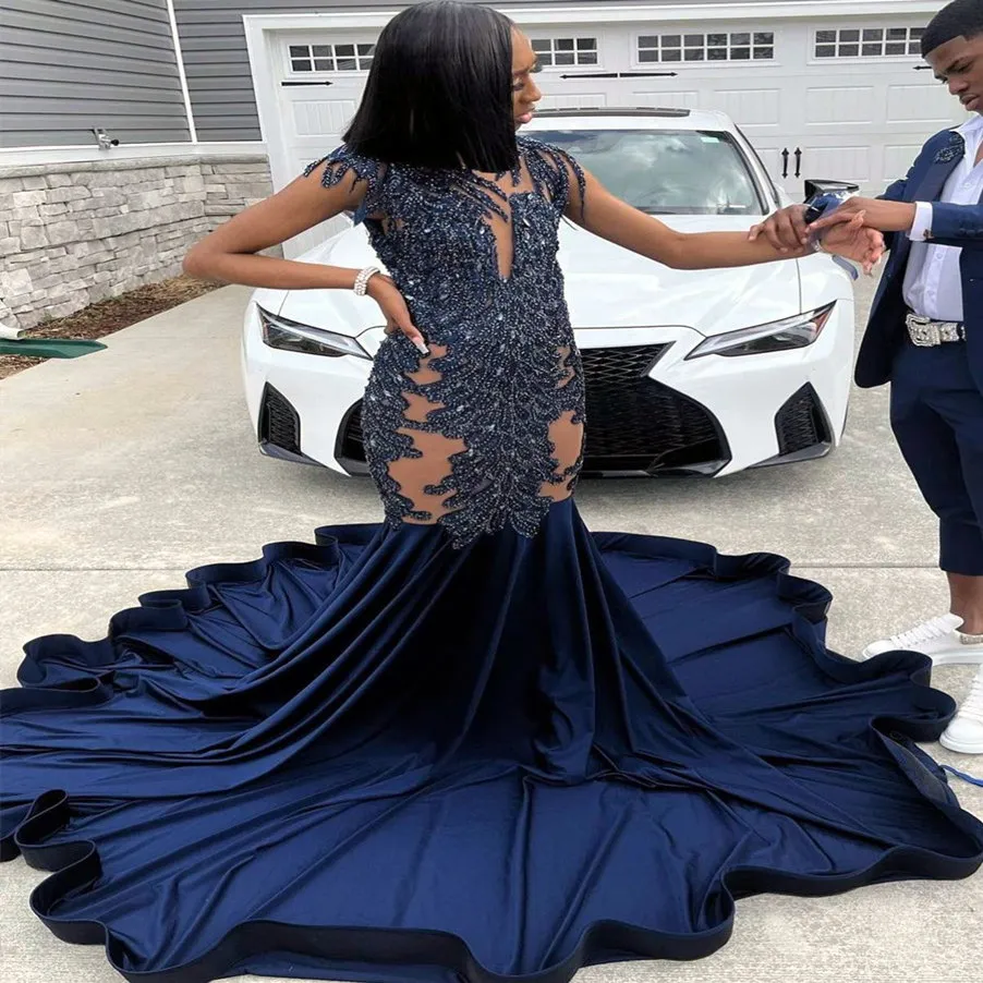 2023 Aso Eso Ebi Navy Blue Prom Dress Lace Beded Mermaid Aseval Party ...