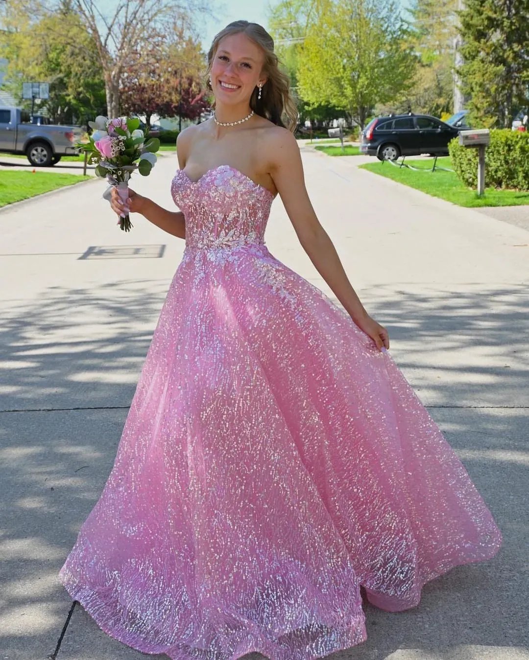 Glitter Tulle Pink Sparkly Prom Dress With Sheer Corset And Sweetheart ...