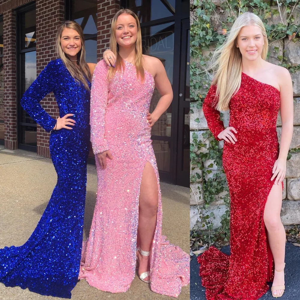 Velvet Sequin One Shoulder Long Sequin Prom Dresses With High Slit And Long Sleeves For Girls ...