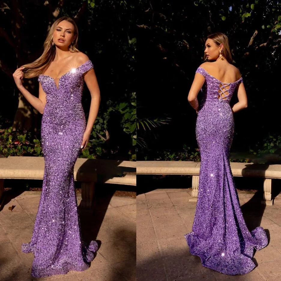 Sparkling Purple Off-Shoulder Mermaid purple prom dress with Sequined Lace-Up Back - Perfect for ...