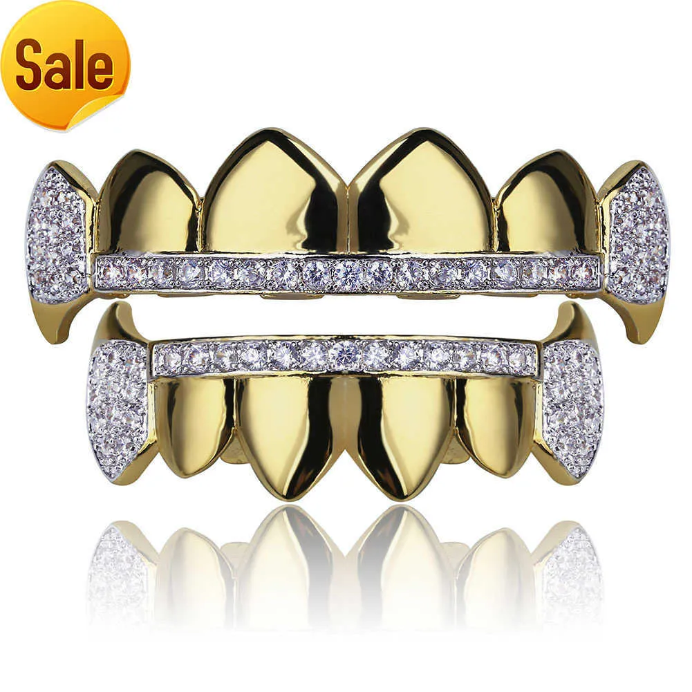 Wholesale 18K Gold Iced Out Vampire Fangs Dental Gold Grillz Set With ...