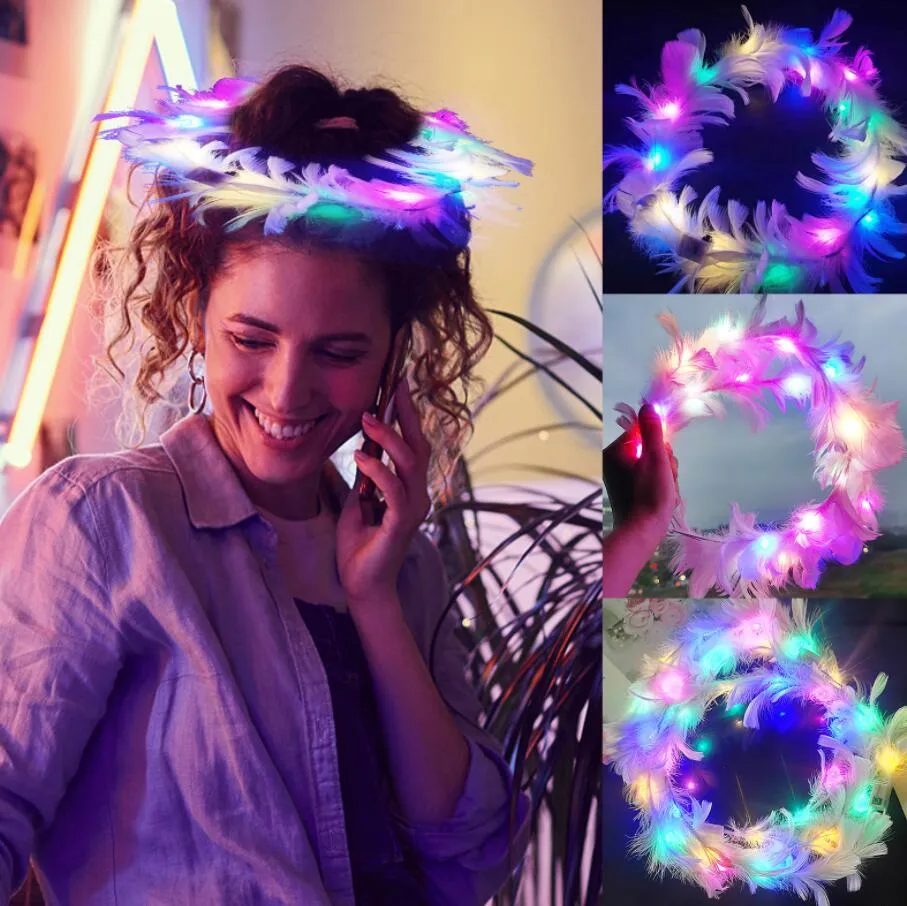 Led Light Feather Wreath Halo Bridal Floral Crown Star Head Band Wreath ...
