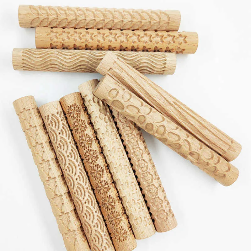 Wooden Patterned Rolling Pin with Flower Design for Polymer Clay and ...