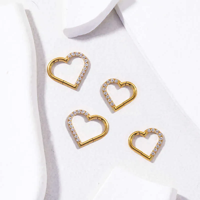Titanium Inlaid Cubic Zirconia Heart Shaped Closed Loop Huggie Hoop ...