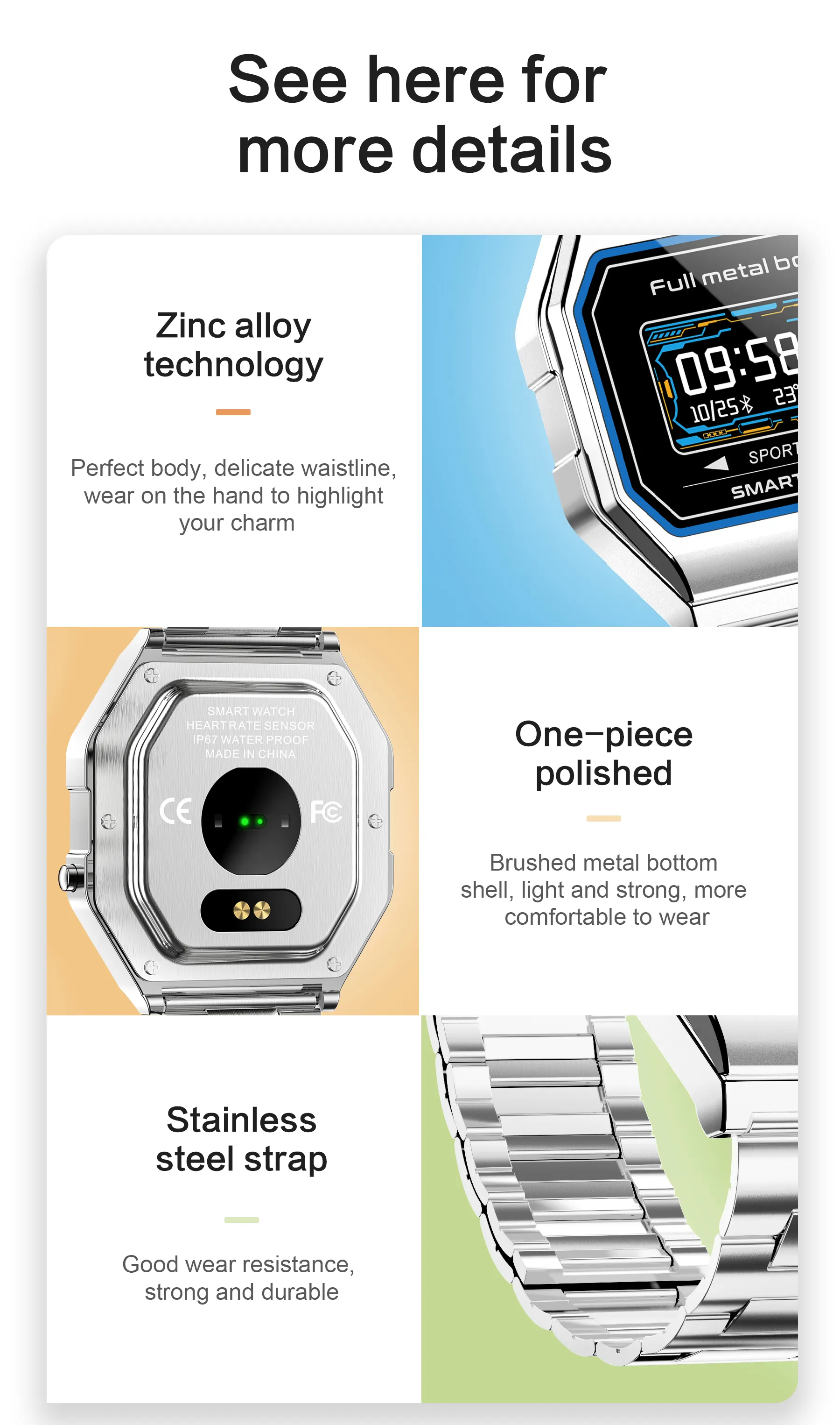 Fashionable Silver Steel Sport Smartwatch - IP67 Waterproof, Blood ...