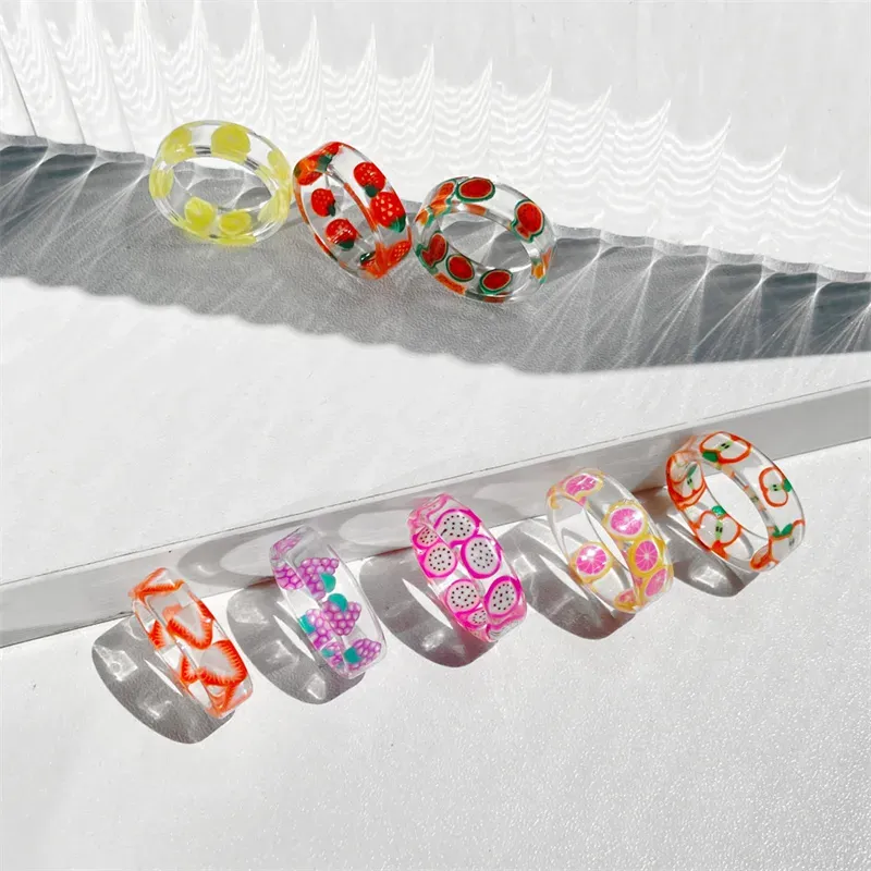 Resin Fruit Rings For Women Unique Smile Geometric Circle Jewelry Gift ...